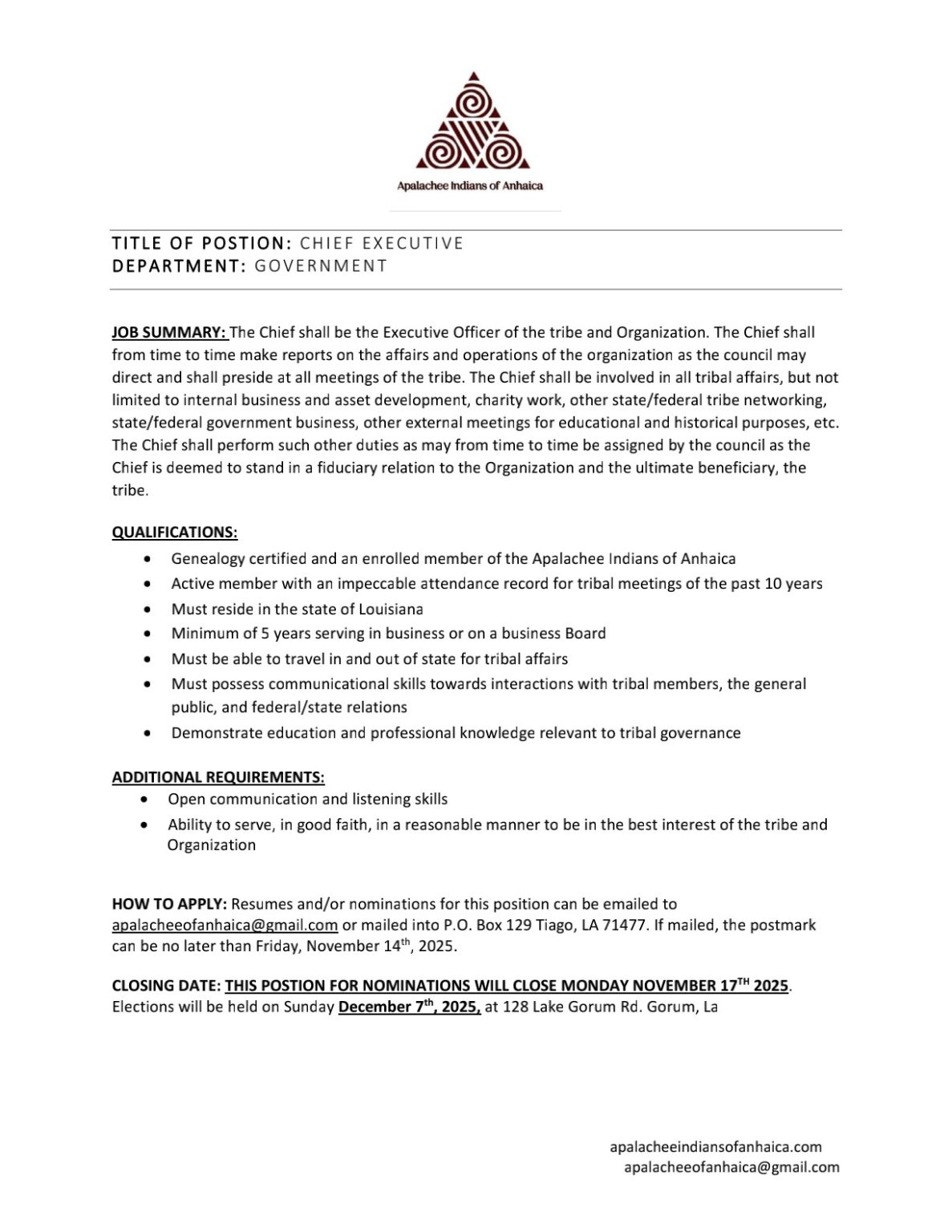 Chief Executive Position ‣ Apalachee Indians of Anhaica